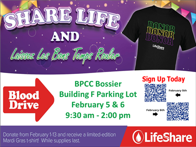 BPCC Events Calendar - LifeShare Blood Drive (Bossier Campus)